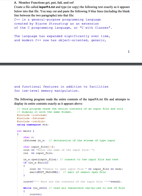 Solved A. Member Functions get, put, fail, and eof Create a | Chegg.com