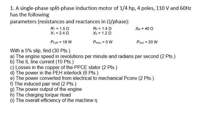 Solved 1. A single-phase split-phase induction motor of | Chegg.com