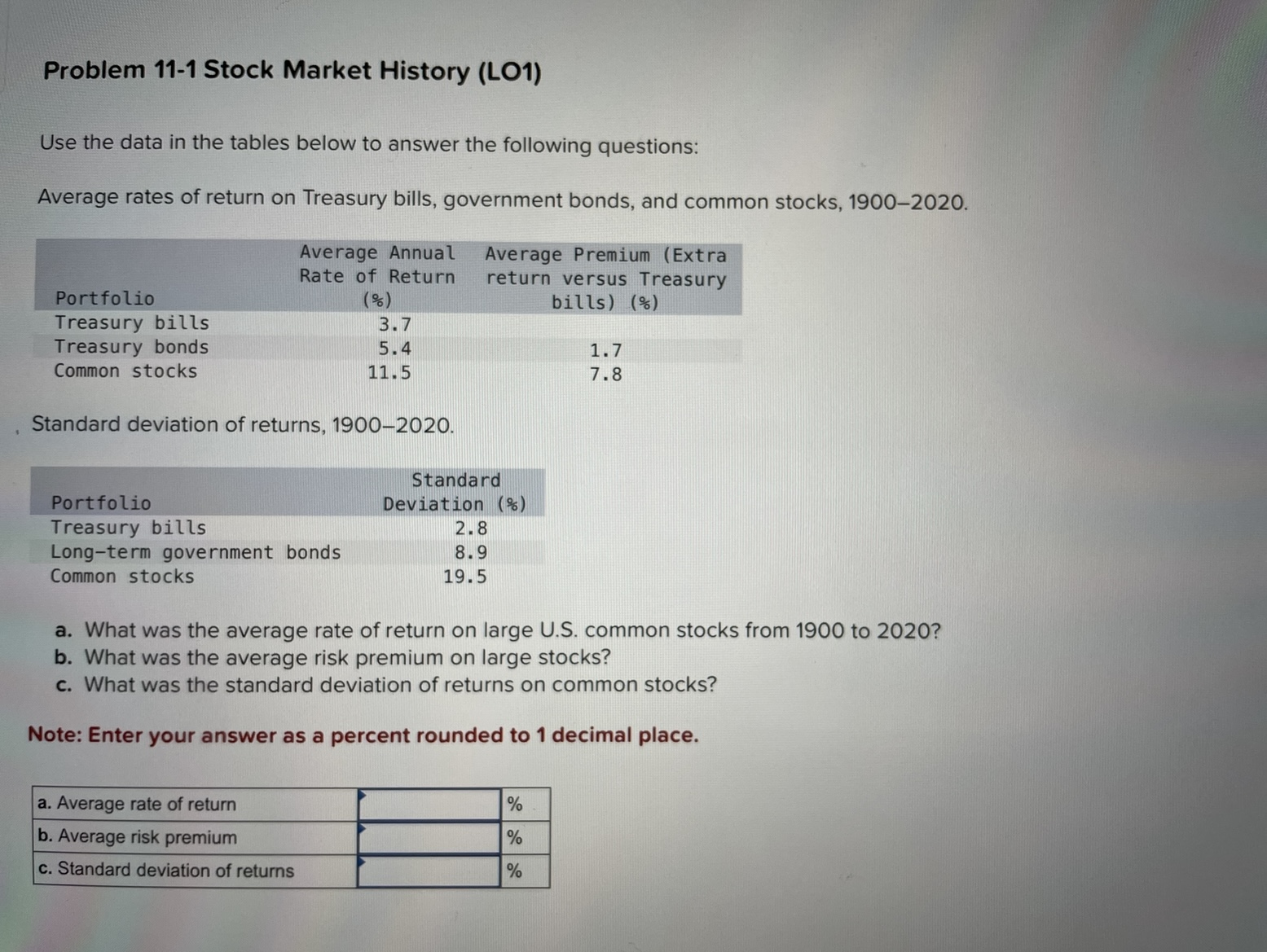 Solved Problem 11-1 Stock Market History (LO1) Use the data | Chegg.com