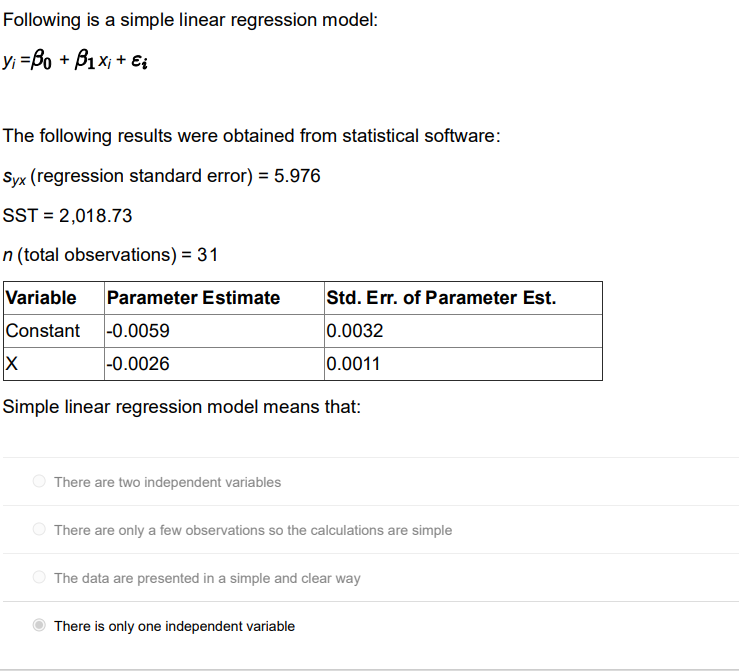 Solved Following is a simple linear regression model: | Chegg.com
