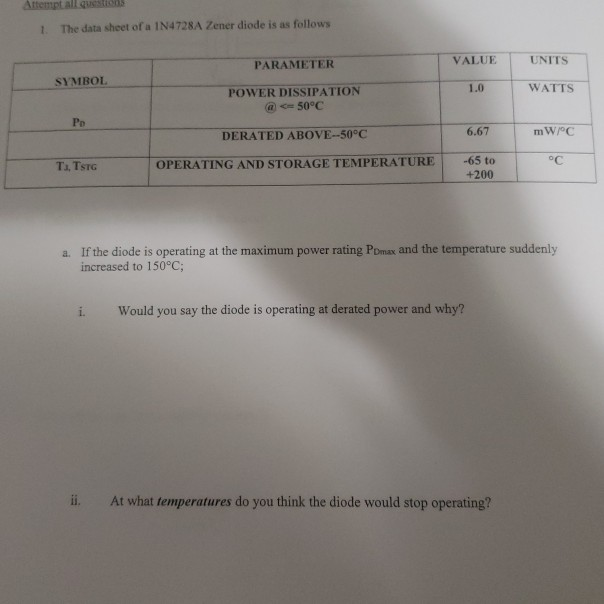 Attemptall qE The data sheet of a 1N4728A Zener diode | Chegg.com