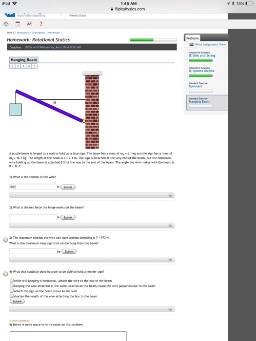 Solved , iPad 1:45 AM * 13% Homework: Rotational Statics IE | Chegg.com