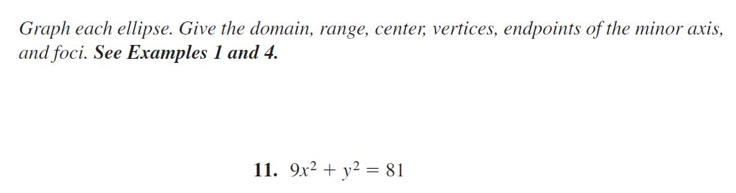 Solved Graph each ellipse. Give the domain, range, center, | Chegg.com