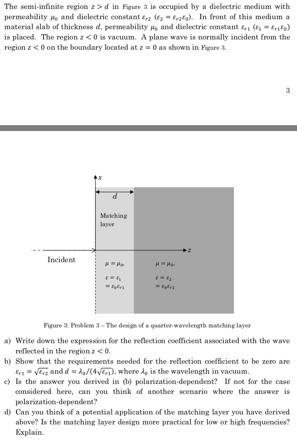 Solved The semi-infinite region z>d in Figure 3 is occupied | Chegg.com