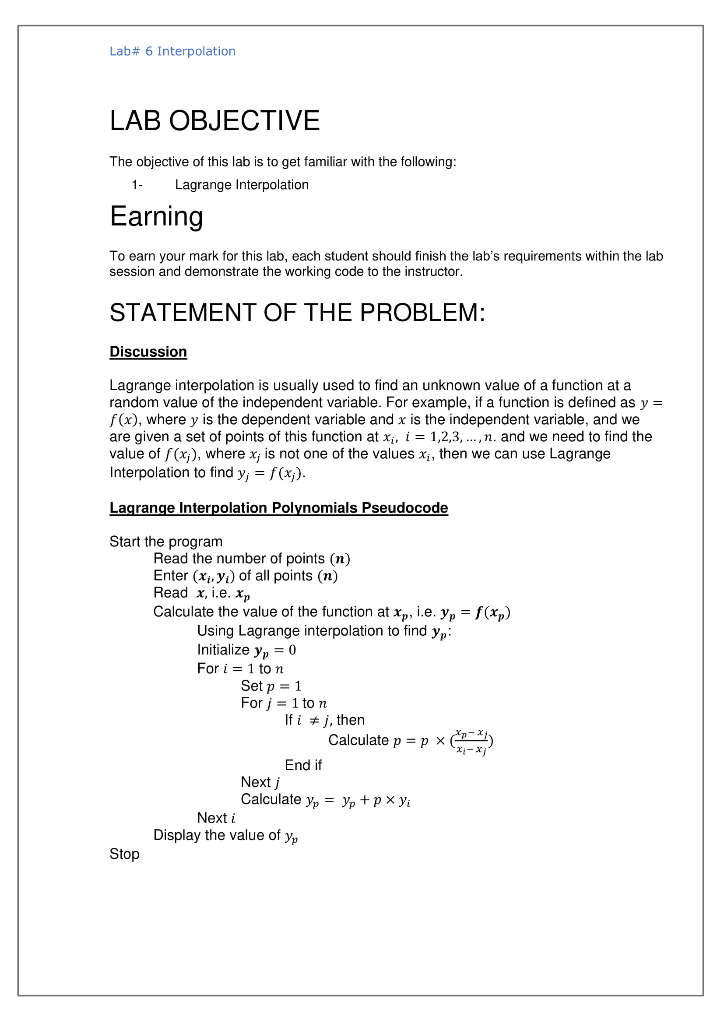 Solved Lab# 6 Interpolation LAB OBJECTIVE The objective of | Chegg.com