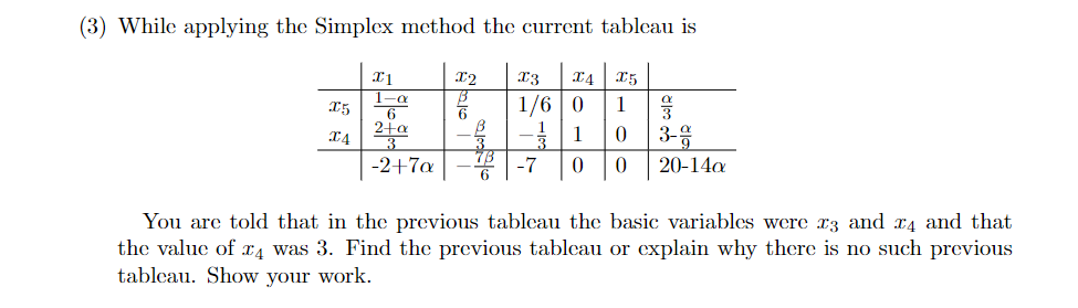 Solved (3) While applying the Simplex method the current | Chegg.com