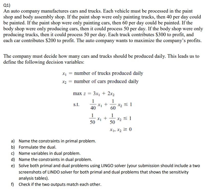 Solved An auto company manufactures cars and trucks. Each | Chegg.com