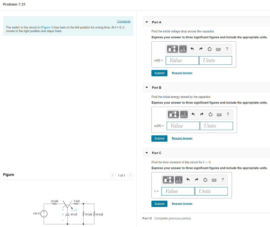 Solved Problem 7.21 Constants Part A The switch in the | Chegg.com