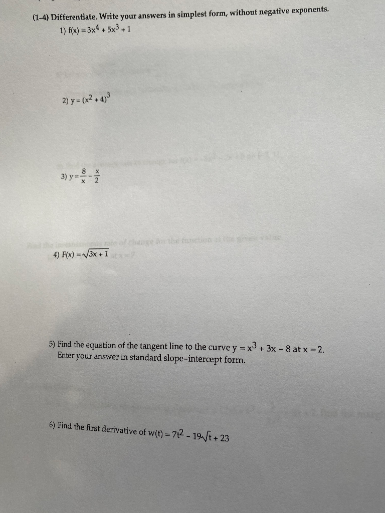 Solved (1-4) Differentiate. Write your answers in simplest | Chegg.com