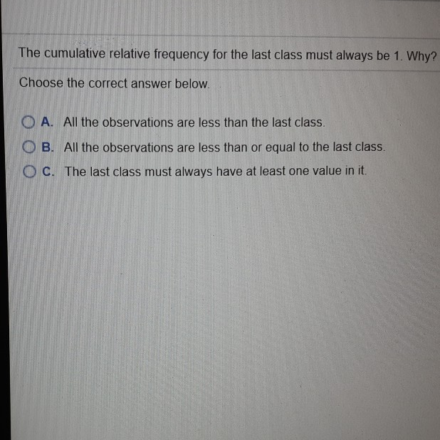 Solved The cumulative relative frequency for the last class | Chegg.com