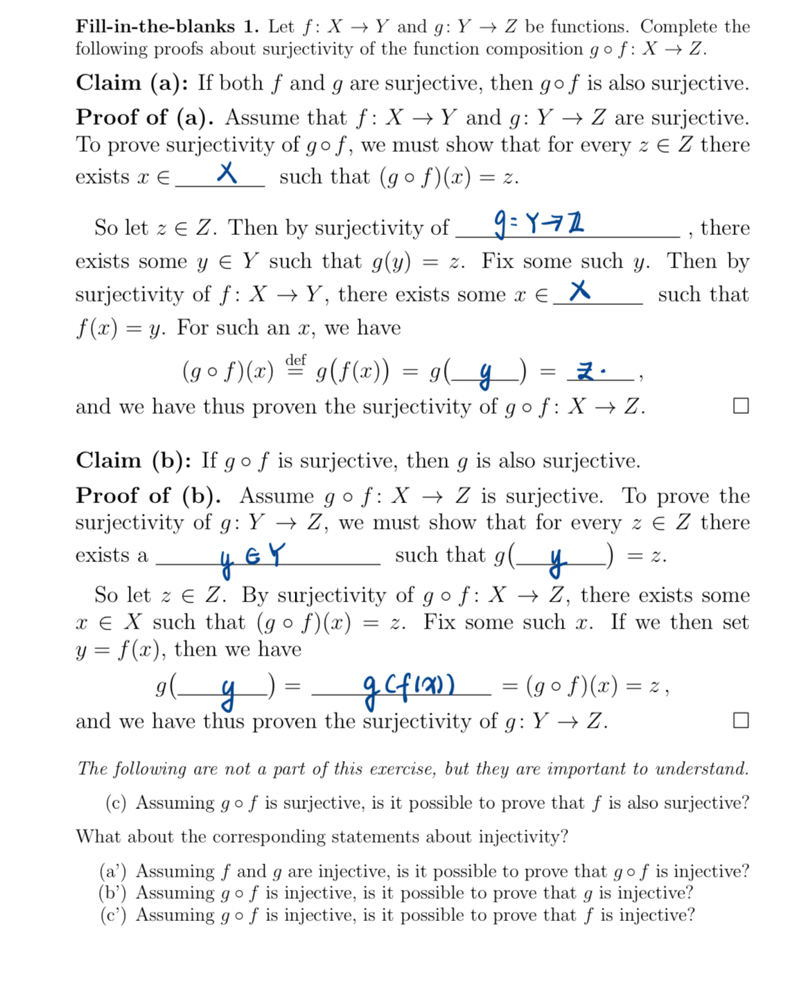 Solved Fill-in-the-blanks 1. Let f:x->Y and g:Y->Z be | Chegg.com