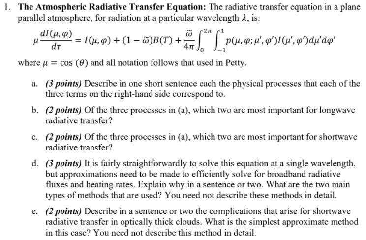 1. The Atmospheric Radiative Transfer Equation: The | Chegg.com