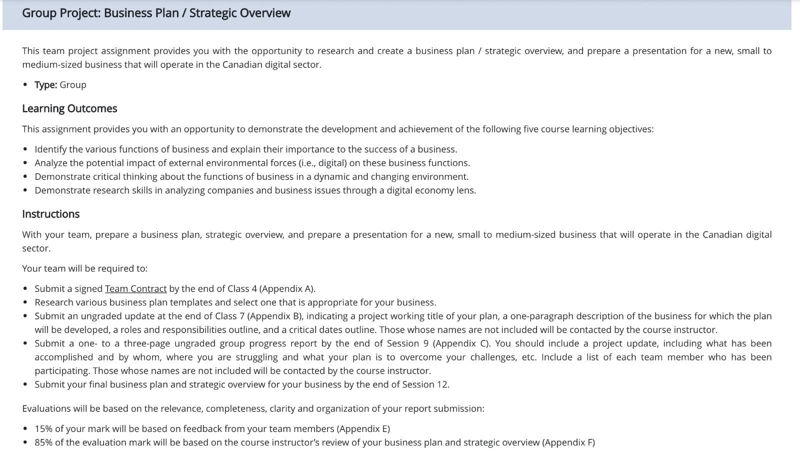 Group Project: Business Plan / Strategic Overview | Chegg.com