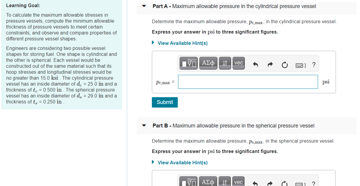 Solved Learning Goal: Part A - Maximum allowable pressure in | Chegg.com