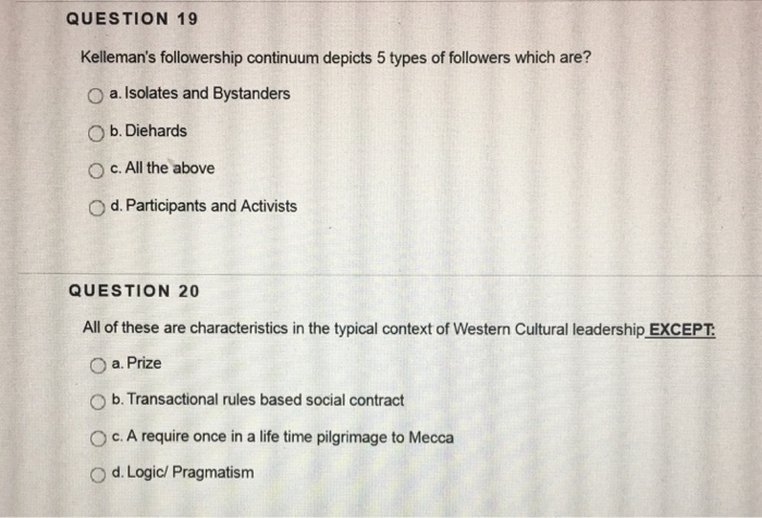 Solved Kelleman's followership continuum depicts 5 types of | Chegg.com