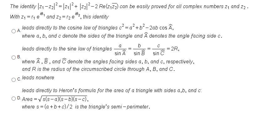 Solved 101 The identity |21–221? = |21| + |z212-2 Re(2127) | Chegg.com