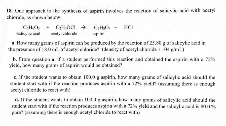Solved 18. One approach to the synthesis of aspirin involves | Chegg.com