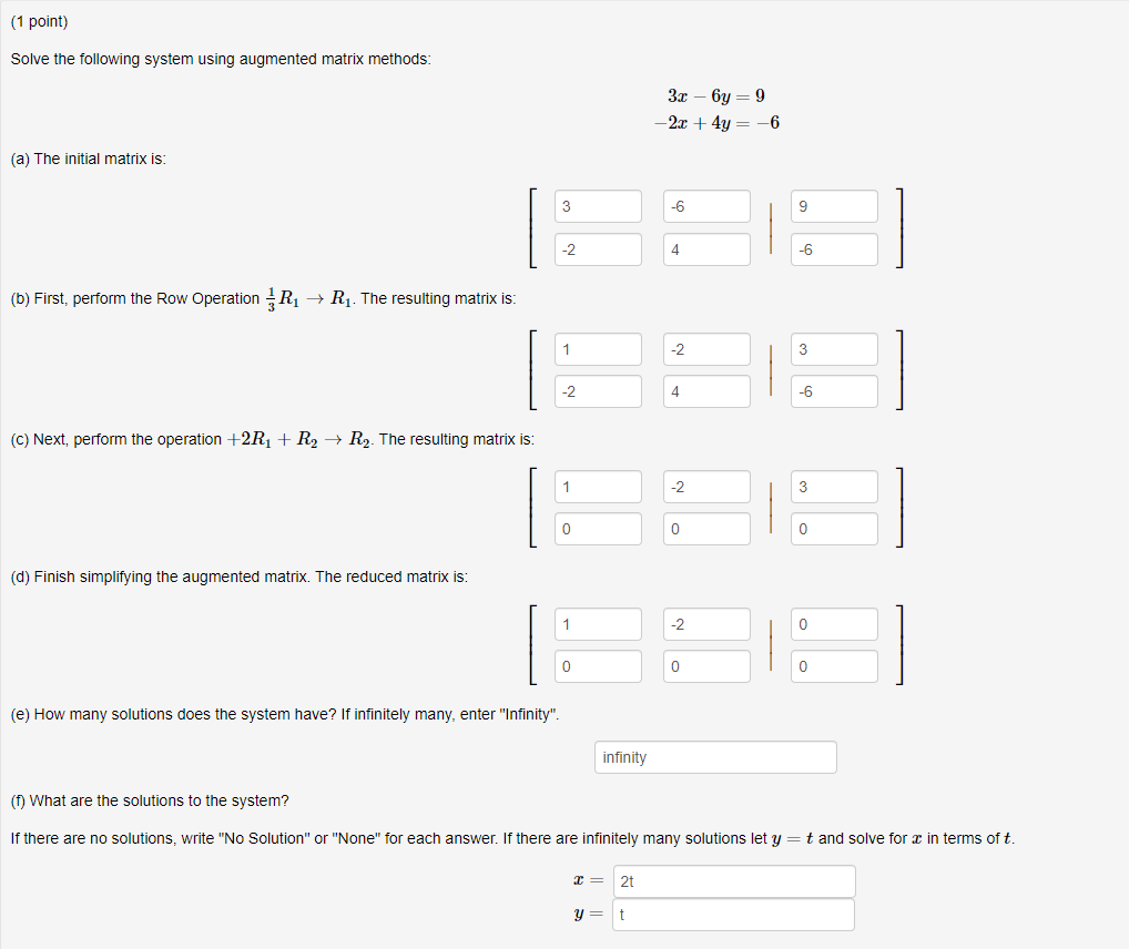 Solved (1 point) Solve the following system using augmented | Chegg.com