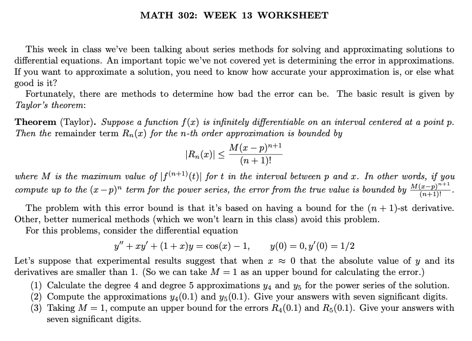MATH 302: WEEK 13 WORKSHEET This week in class we've | Chegg.com