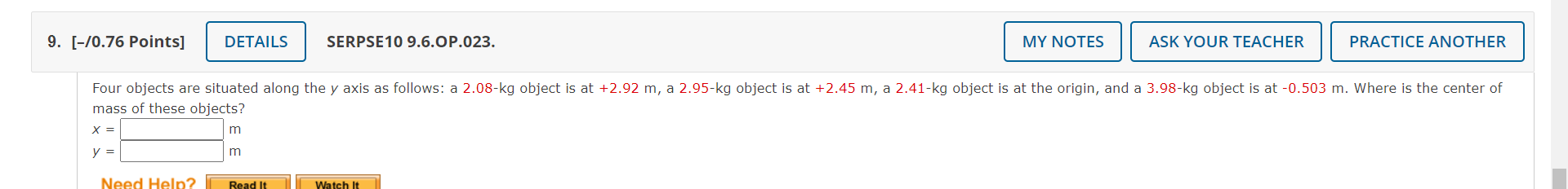 Solved [-/0.76 Points] SERPSE10 9.6.OP.023. mass of these | Chegg.com