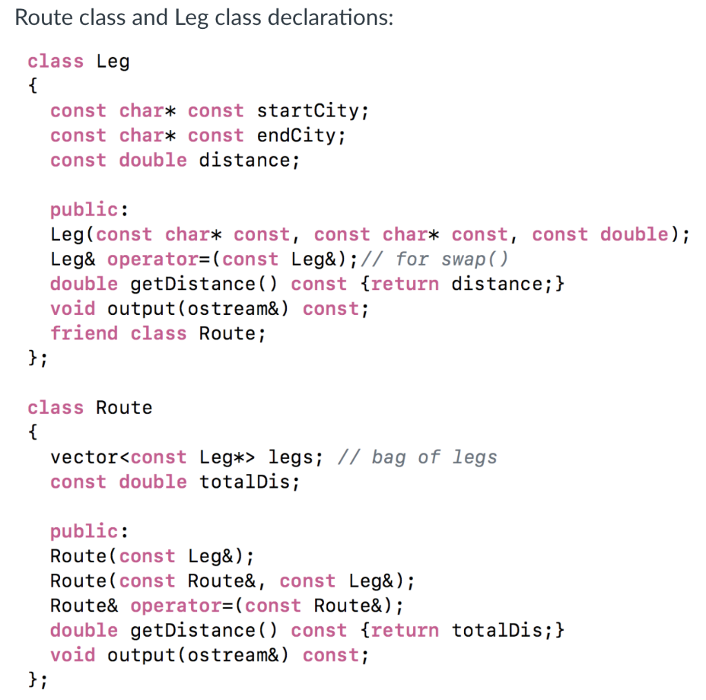 Route class and Leg class declarations: class Leg { | Chegg.com