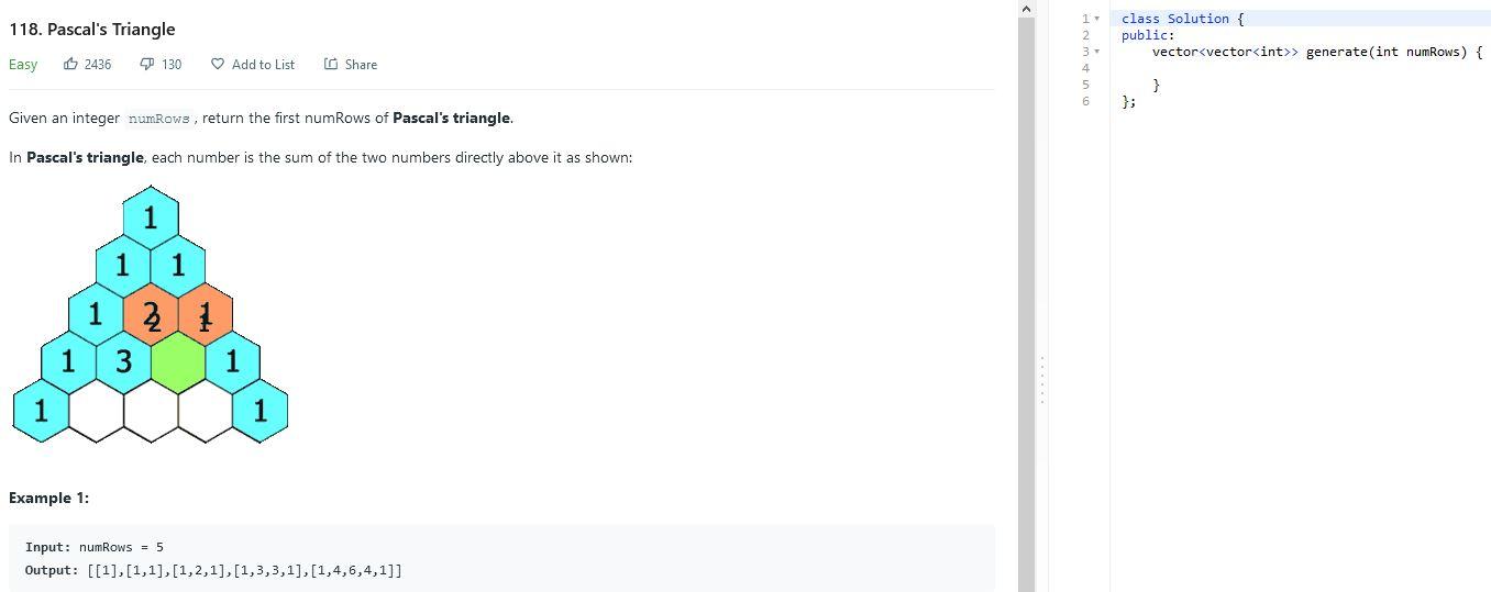 Solved 118. Pascal's Triangle 1 2 class Solution { public: | Chegg.com