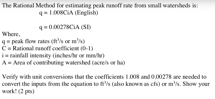 Solved The Rational Method for estimating peak runoff rate | Chegg.com