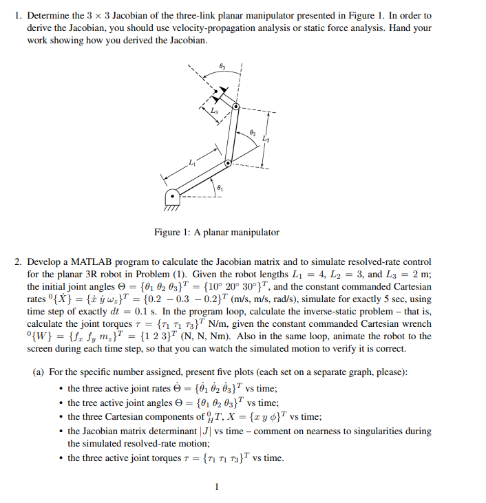 Solved 1. Determine the 3 x 3 Jacobian of the three-link | Chegg.com