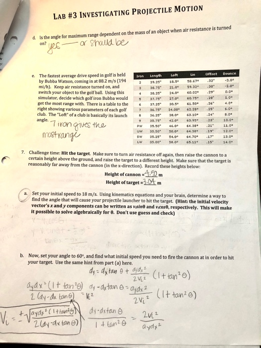 LAB #3 INVESTIGATING PROJECTILE MOTION PHYS 1 110 | Chegg.com
