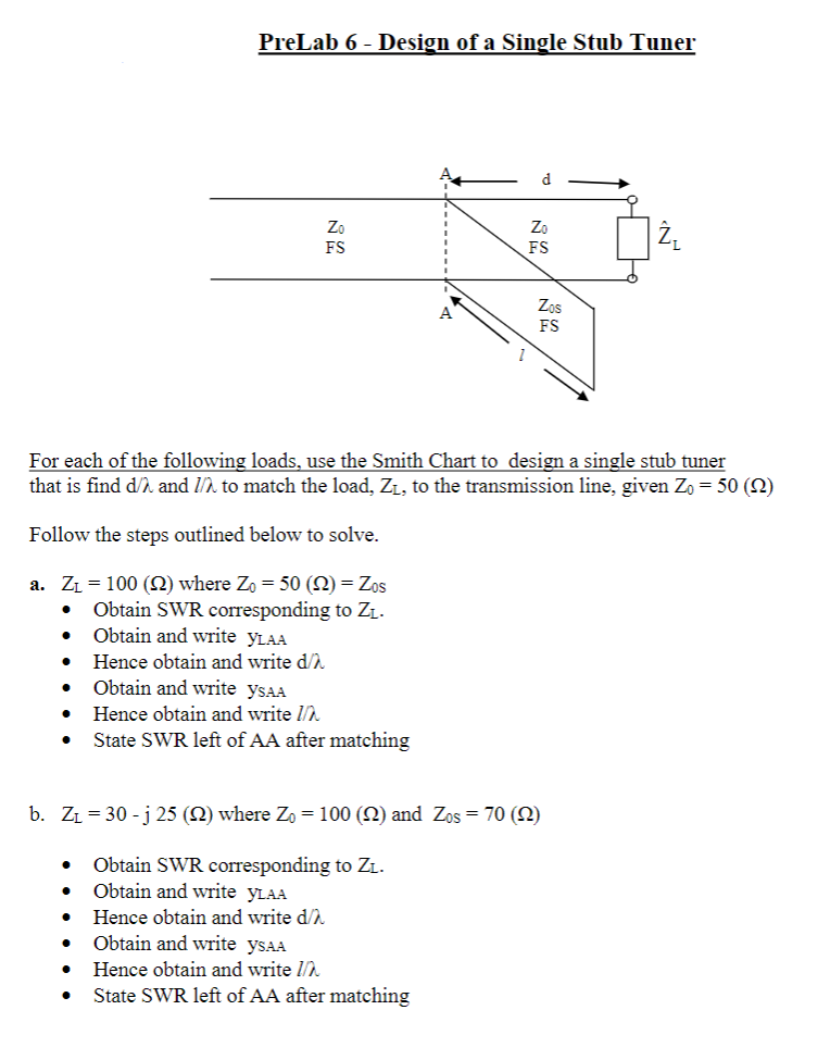 Solved PreLab 6 - Design of a Single Stub Tuner d Zo FS Zo | Chegg.com