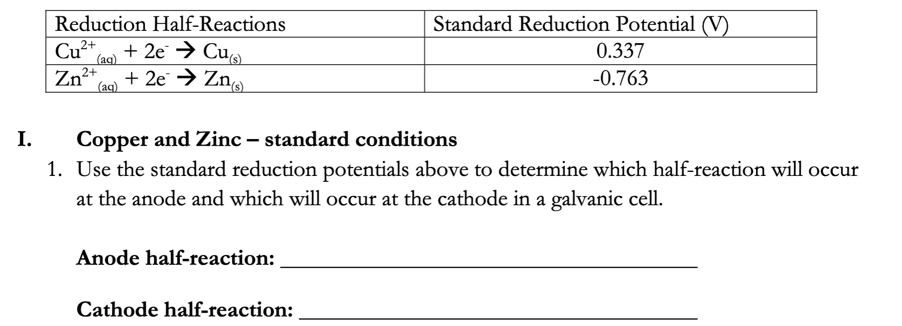 Solved Copper and Zinc - standard conditions 1. Use the | Chegg.com