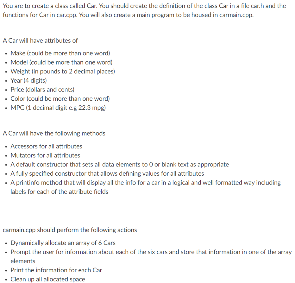 Solved You Are To Create A Class Called Car You Should