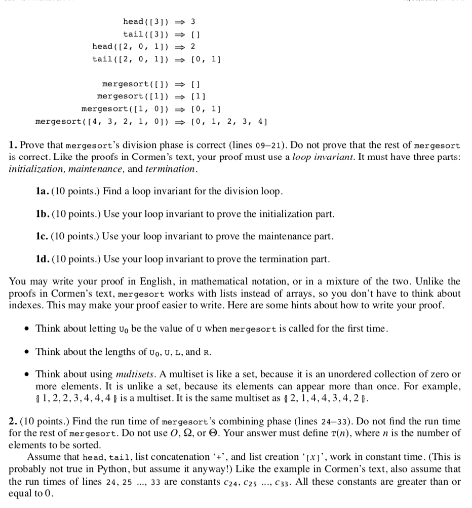 The Python function mergesort is shown below. It | Chegg.com
