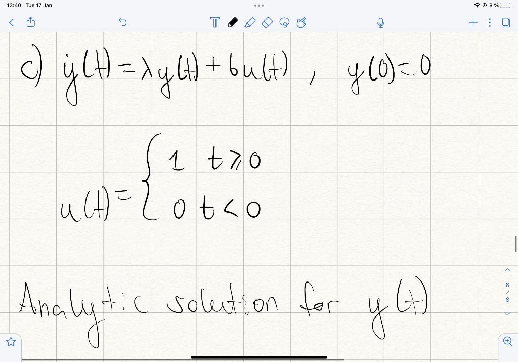 Solved c) y˙(t)=λy(t)+6u(t),y(0)=0 u(t)={10t⩾0t