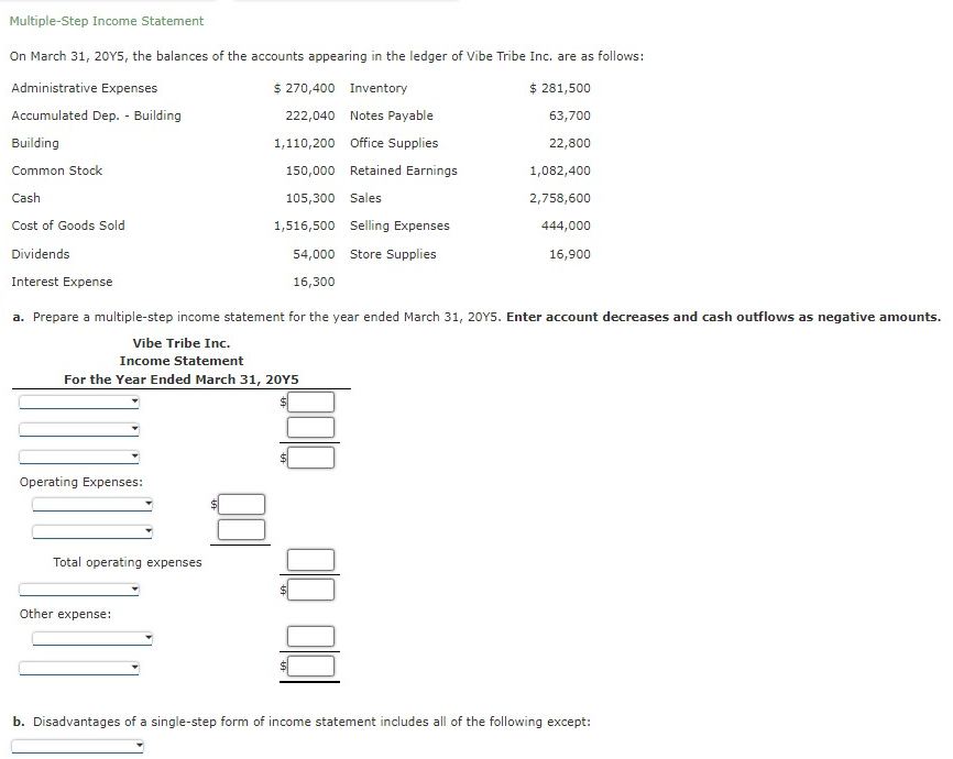 Solved Multiple-Step Income Statement On March 31, 20Y5, the | Chegg.com