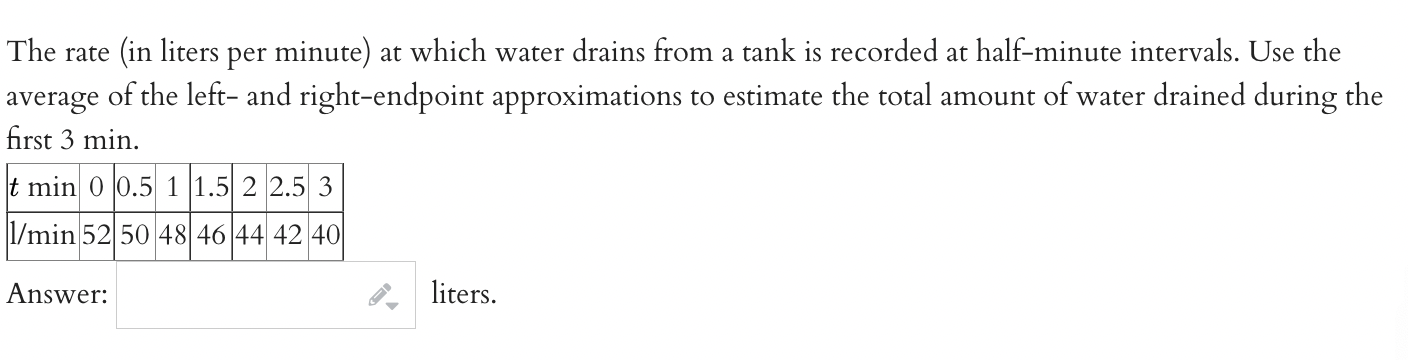 Solved a The rate (in liters per minute) at which water | Chegg.com