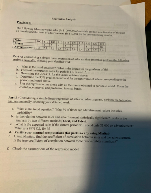 Solved Regression Analysis Problem 1 The Following Table 