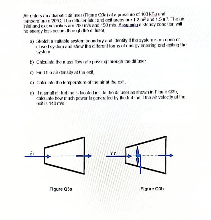 Solved Air enters an adiabatic diffuser (Figure Q3a) at a | Chegg.com