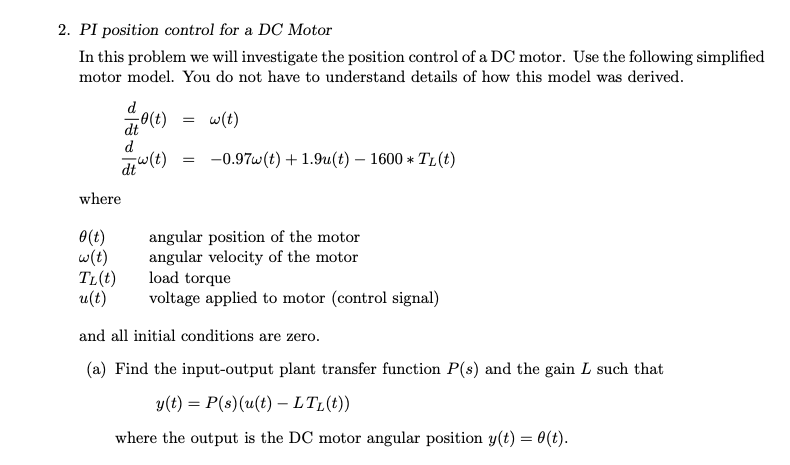 2. PI position control for a DC Motor In this problem | Chegg.com
