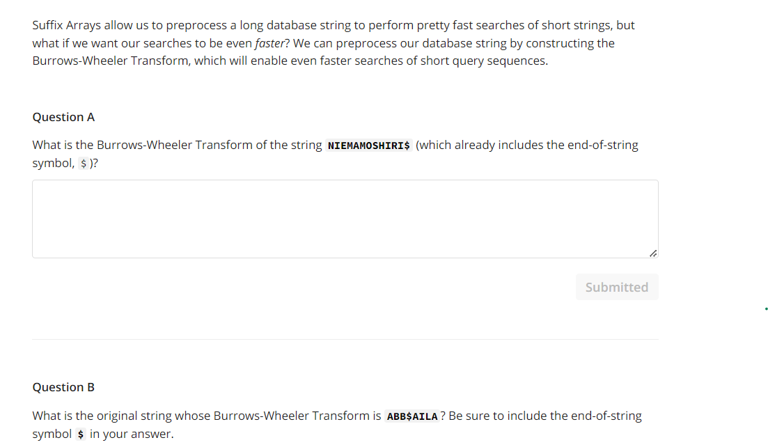 Solved Suffix Arrays allow us to preprocess a long database | Chegg.com