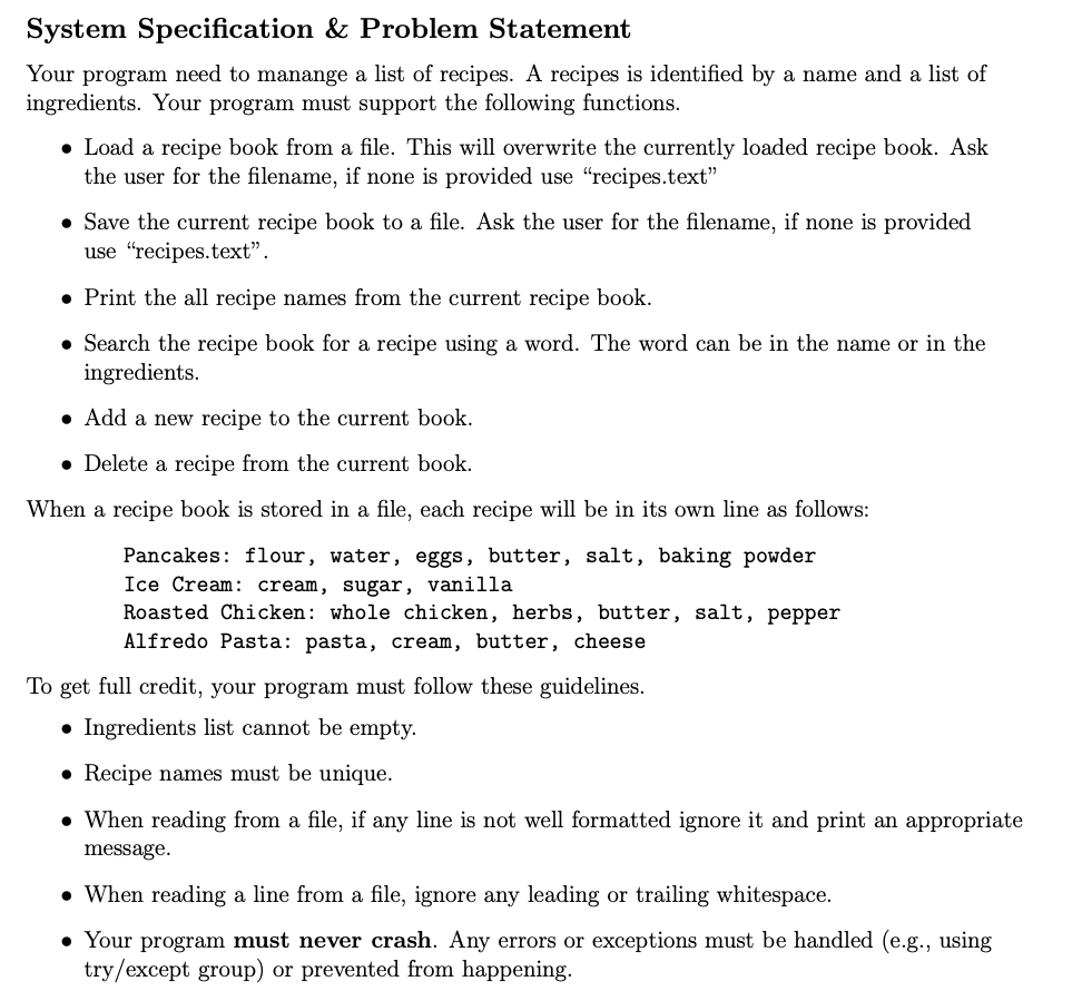 Solved System Specification & Problem Statement Your program | Chegg.com