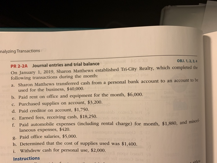Solved nalyzing Transactions PR 2-2A Journal entries and | Chegg.com