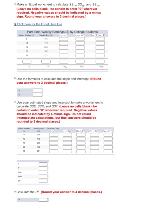 Solved Make an Excel worksheet to calculate SS_ xx SS_ yy, | Chegg.com