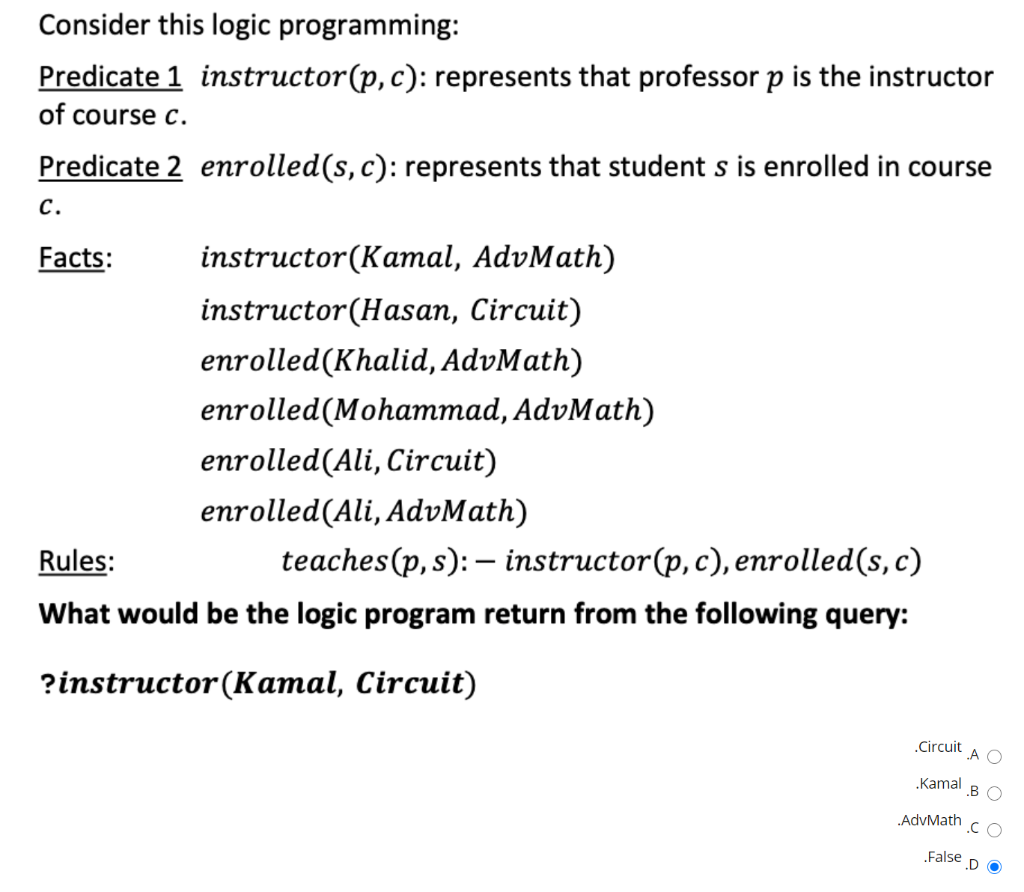 Solved Consider this logic programming: Predicate 1 | Chegg.com