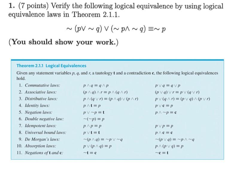 Solved 1. (7 points) Verify the following logical | Chegg.com