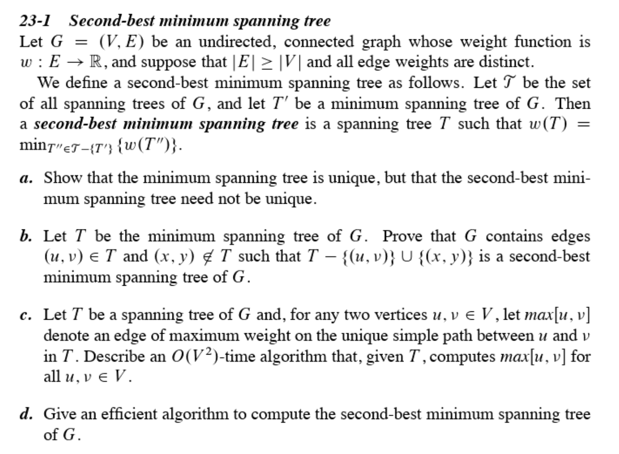 Solved = 23-1 Second-best minimum spanning tree Let G - (V, | Chegg.com