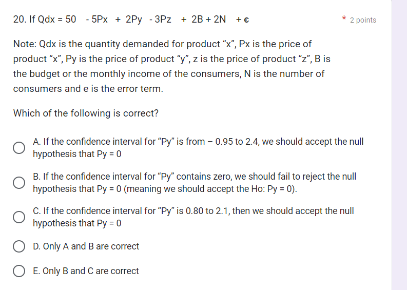 20. If Qdx=50−5Px+2Py−3Pz+2B+2N+ϵ * 2 point Note: Qdx | Chegg.com