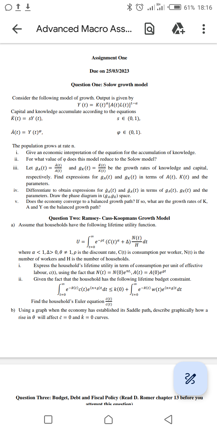 Solved Question One: Solow growth model Consider the | Chegg.com Solved Question One: Solow growth model Consider the | Chegg.com