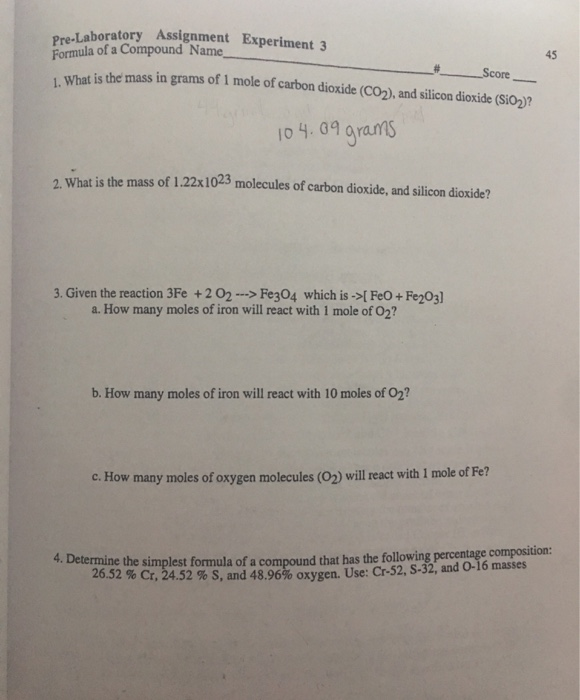 Solved pre-Laboratory Assignment Experiment 3 Formula of a | Chegg.com