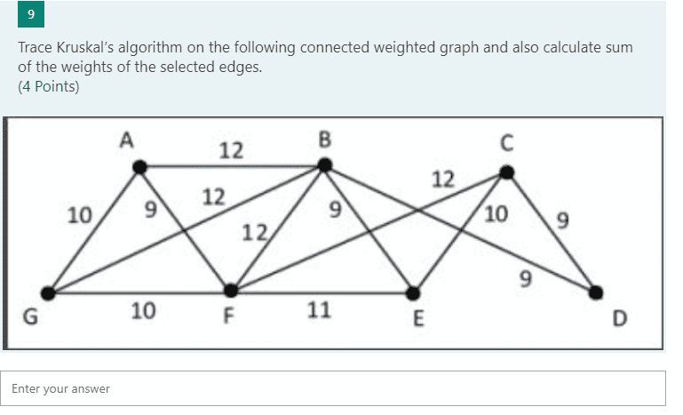 Solved 9 Trace Kruskal's algorithm on the following | Chegg.com
